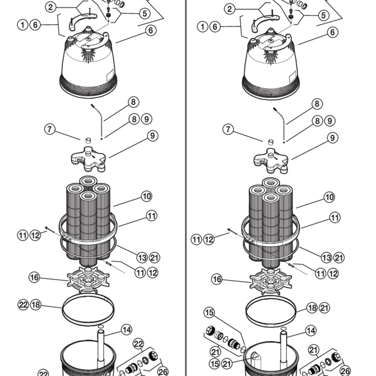 Parts List: Jandy 340 Sq. Ft. 4 Element Large Cartridge Filter