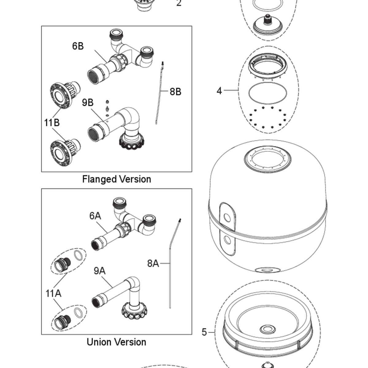 Parts List: Jandy 30" SFSM Side Mount Vertical Sand Filter (Flange)